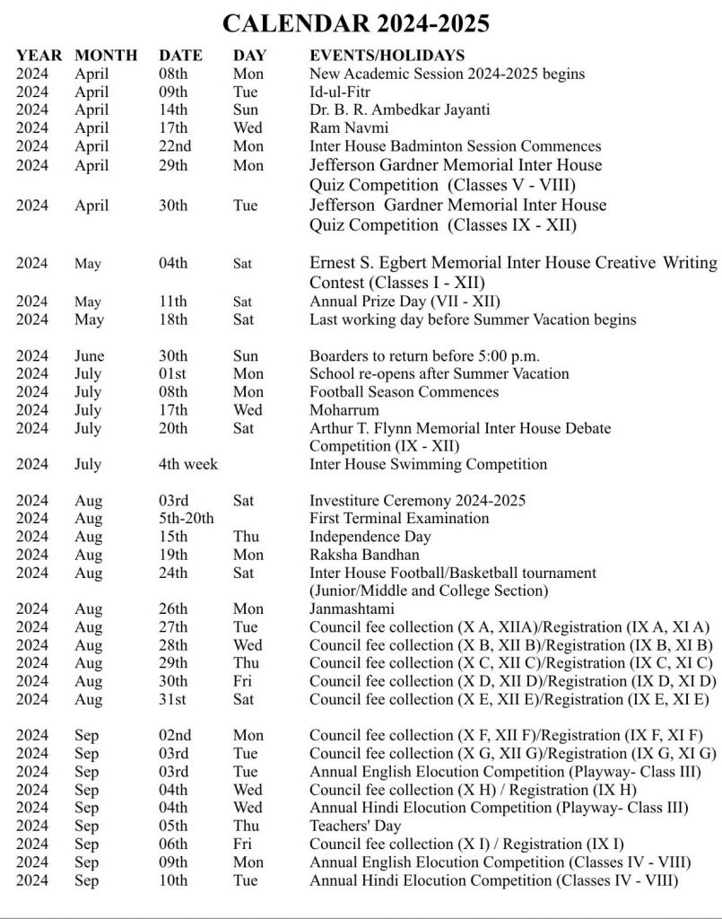 ACADEMIC CALENDAR 2024-25 – BOYS' HIGH SCHOOL AND COLLEGE
